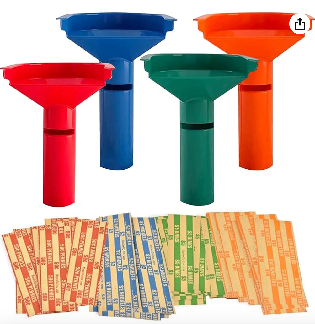 250 Coin Wrappers with Coin Sorter Tubes - Funnel Shaped Color-Coded ...